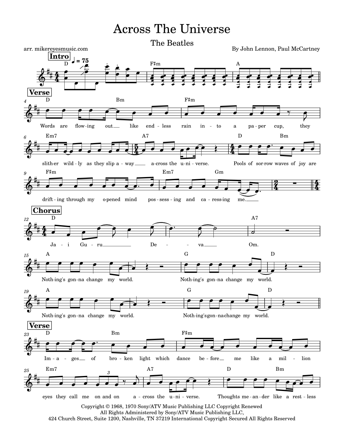 Across The Universe (arr. Mike Reyes Music) by The Beatles Sheet Music ...
