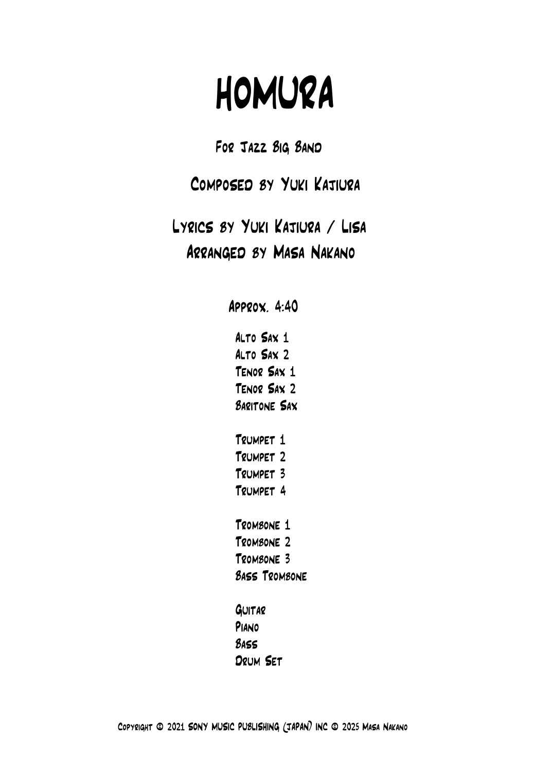 Homura (arr. Masa Nakano) by Lisa Oribe Sheet Music for Jazz Ensemble ...