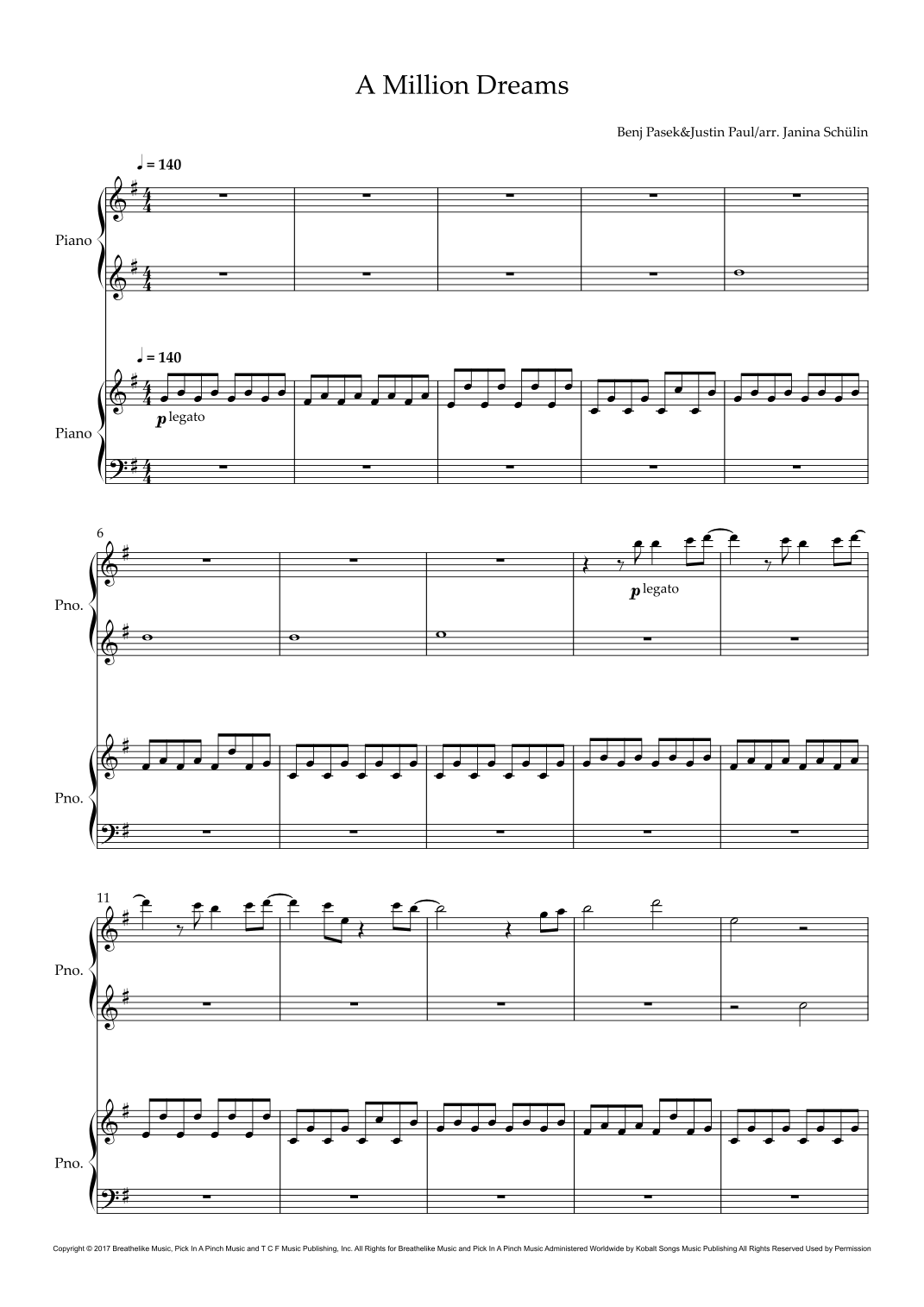 A Million Dreams (arr. Janina Schülin) by Pink Sheet Music for Piano ...