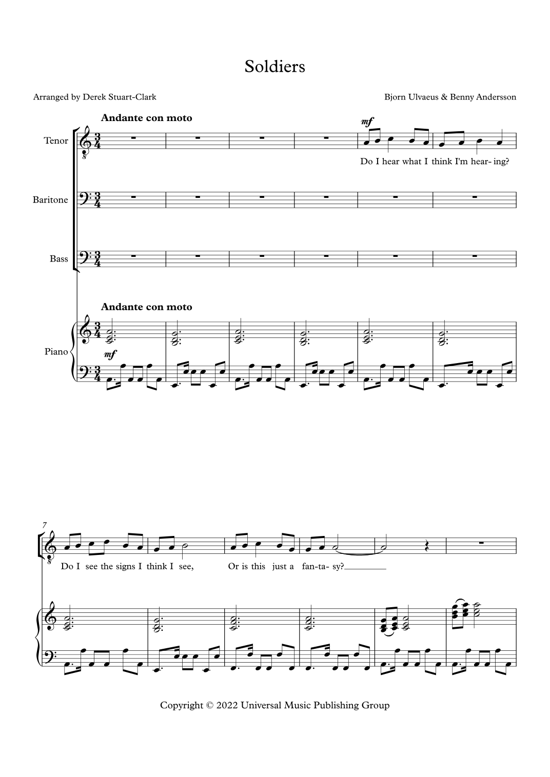 Soldiers (arr. Derek STUART-CLARK) by ABBA Sheet Music for TBB Choir at ...
