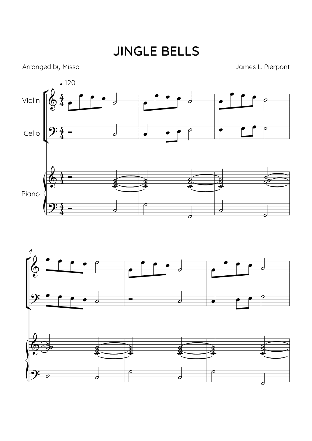 Jingle Bells - Violin, Cello & Piano in C Major (Easy With Chords) (arr ...