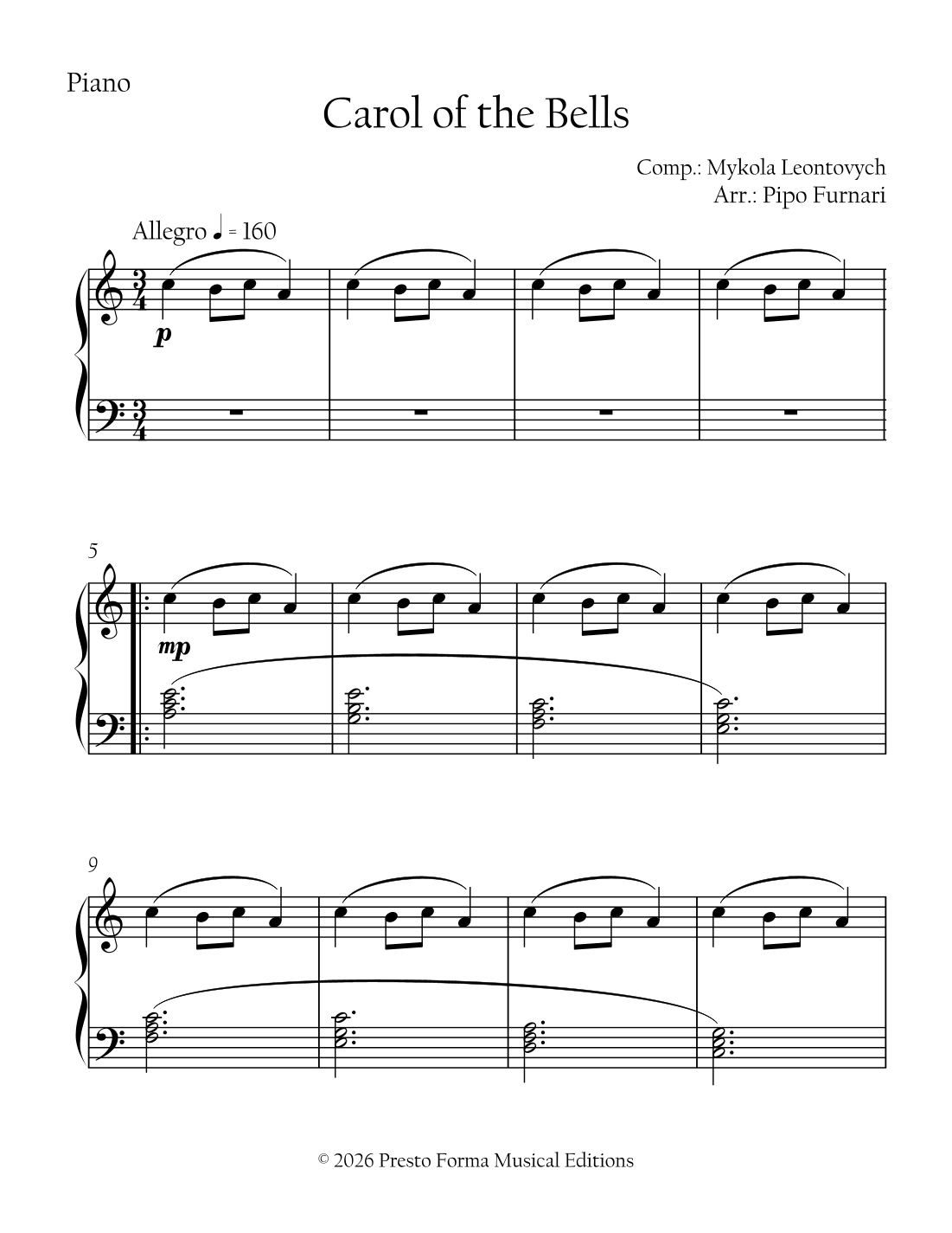 Carol of the Bells for Piano Solo at Intermediate Level in A Minor Am ...