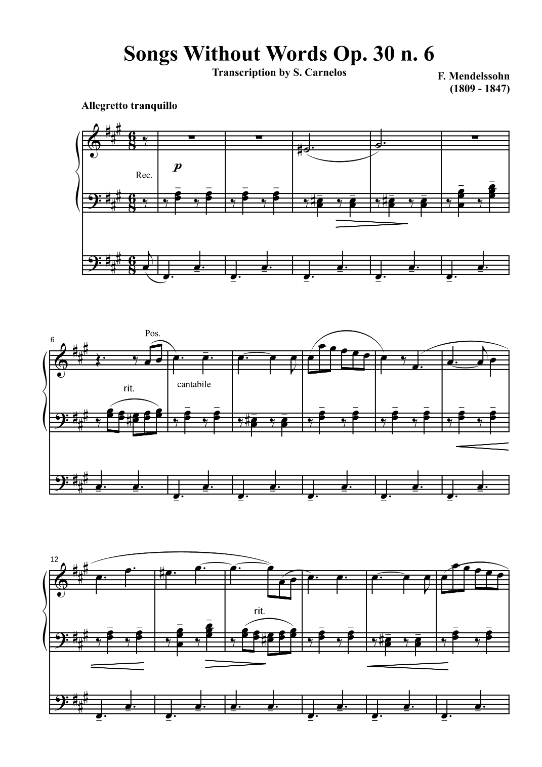 Songs Without Words Op. 30 n. 6 (arr. S. Carnelos) by F. Mendelssohn ...