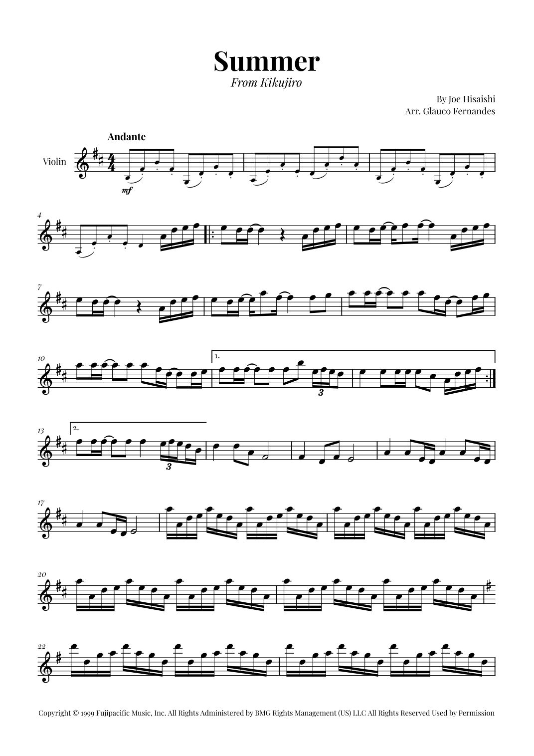 Summer (arr. Glauco Fernandes) by Joe Hisaishi Sheet Music for Violin ...