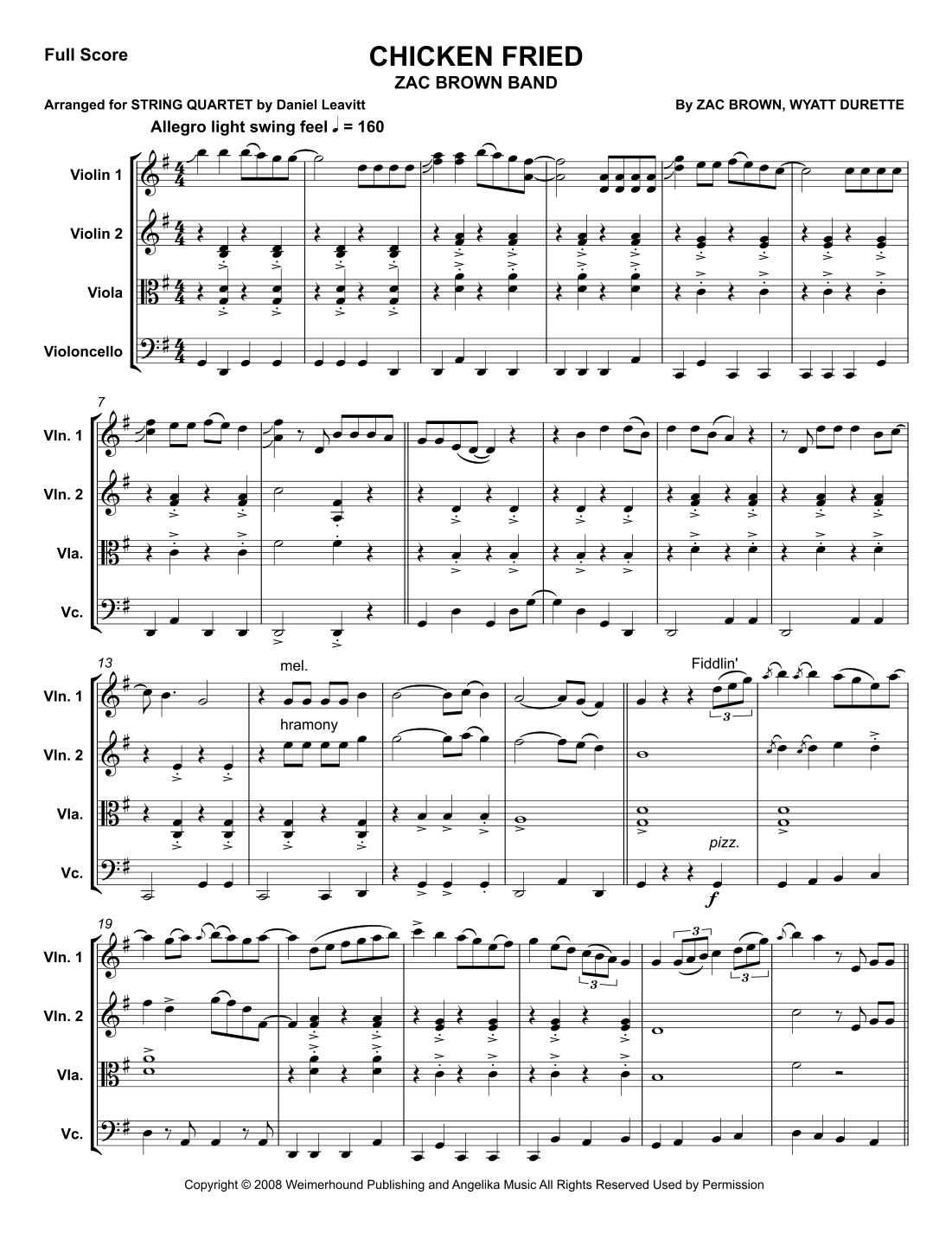 Chicken Fried (arr. Daniel Leavitt) by Zac Brown Band Sheet Music for String Quartet at Sheet ...