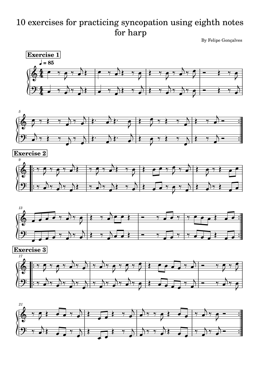 10 exercises for syncopation using eighth notes for harp in C major / A ...