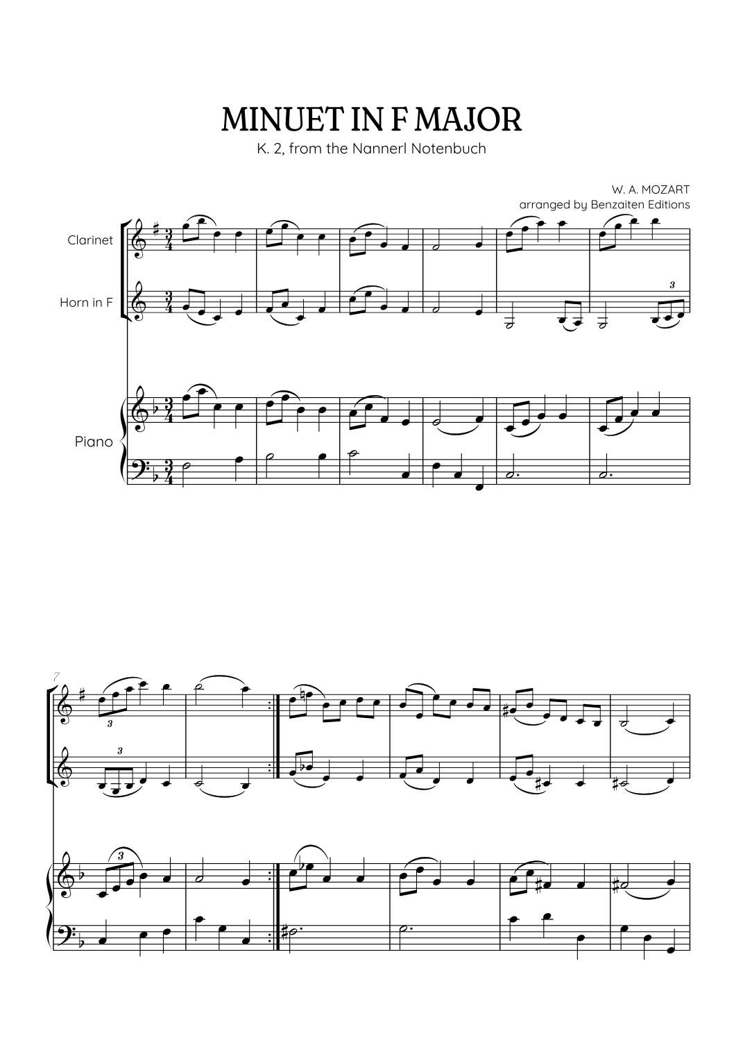 Mozart: Minuet in F Major | clarinet and french horn duet sheet music ...
