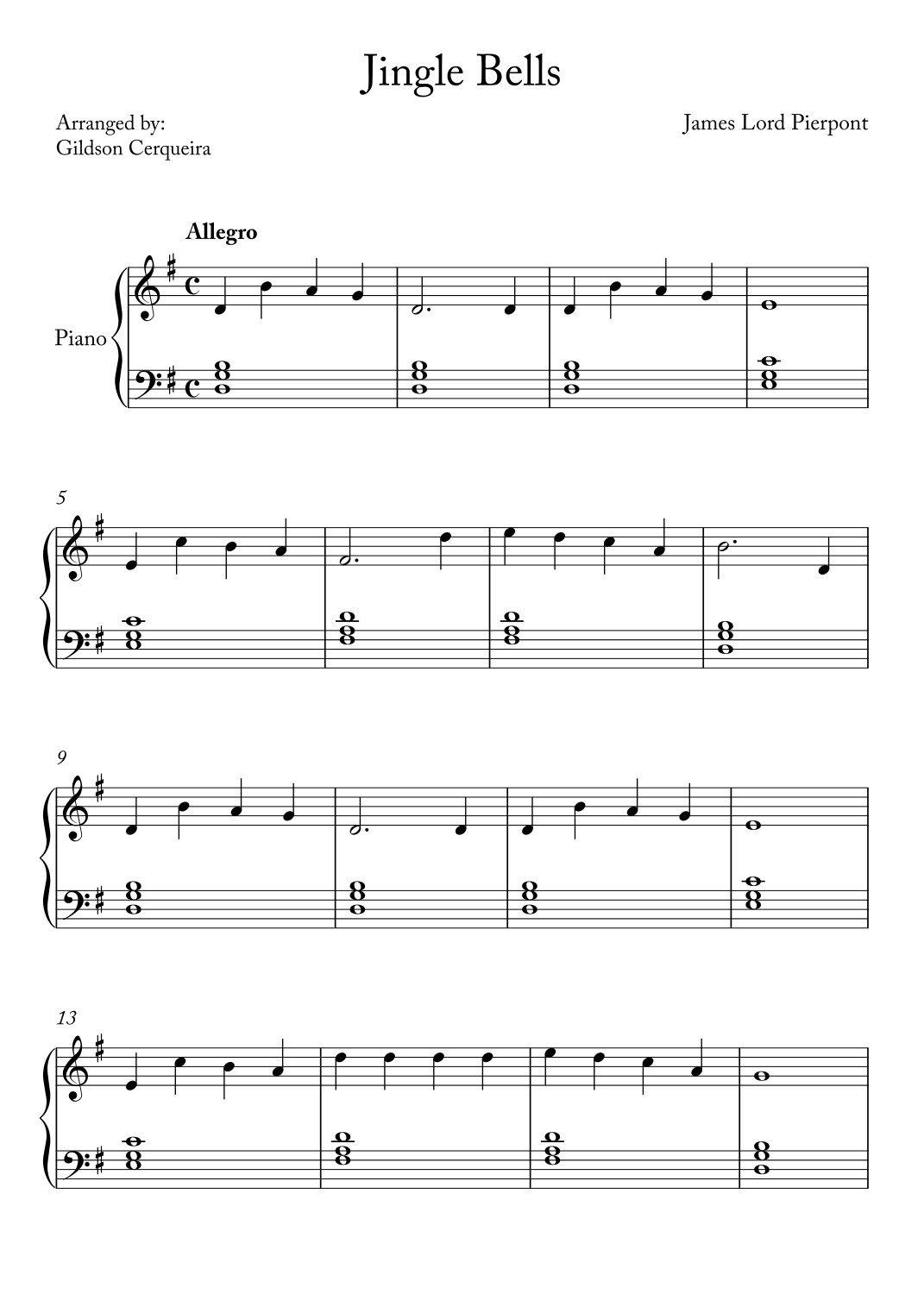 Jingle Bells (arr. Gildson Cerqueira) by James Lord Pierpont Sheet Music for Piano Solo at Sheet ...