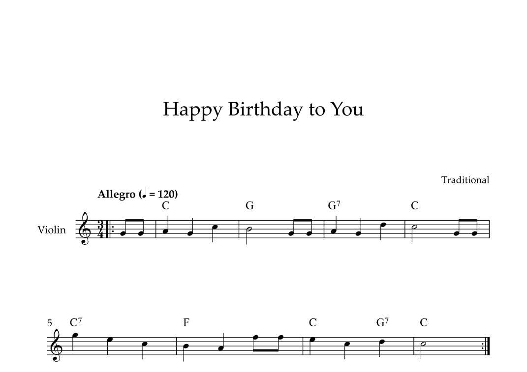 Happy Birthday to You – Violin (C major, with Chord Symbols) (arr. D. M ...