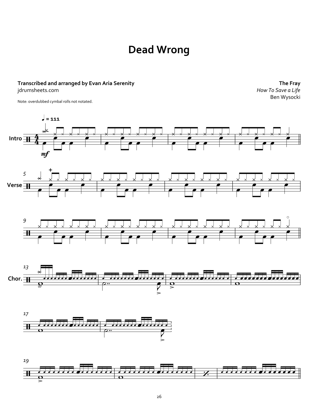 Dead Wrong (arr. Evan Aria Serenity) by The Fray Sheet Music for Drums ...