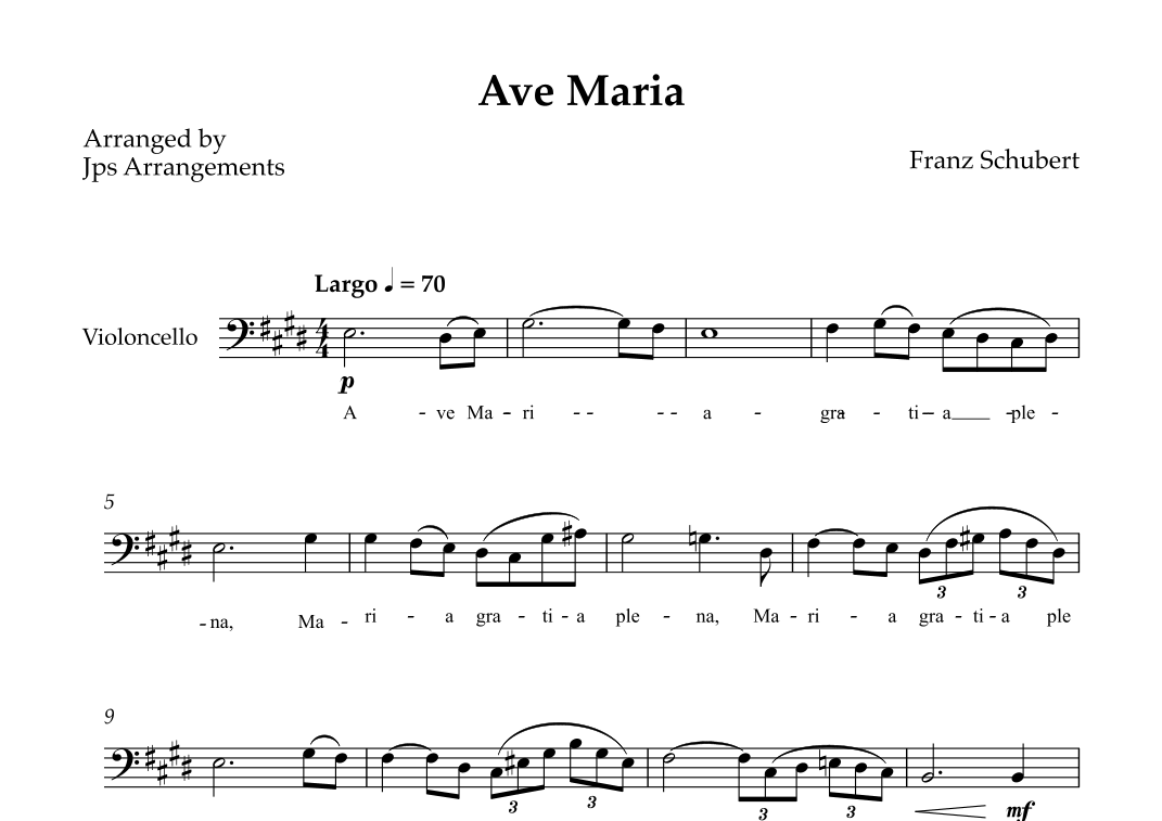 Ave Maria (Schubert) - Easy Cello Solo - Key of E Major - Lyrics (arr ...