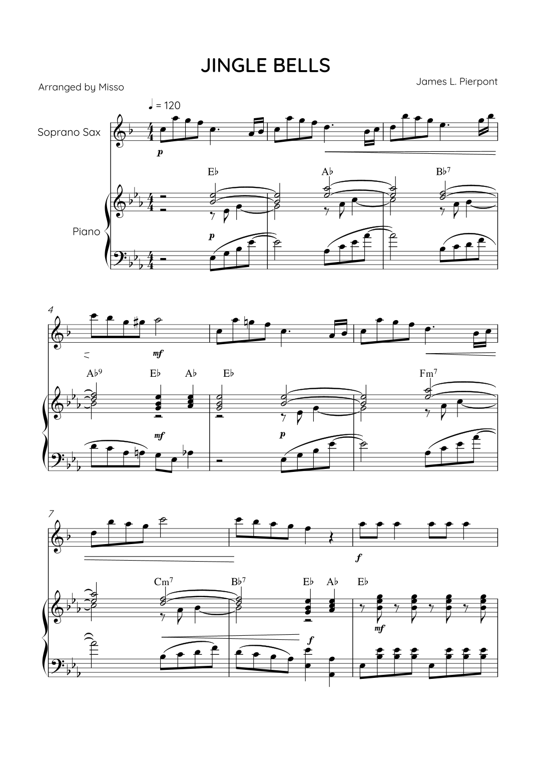 Jingle Bells - Soprano Sax & Piano in Eb Major - Intermediate With Chords (arr. MissoRB) von ...