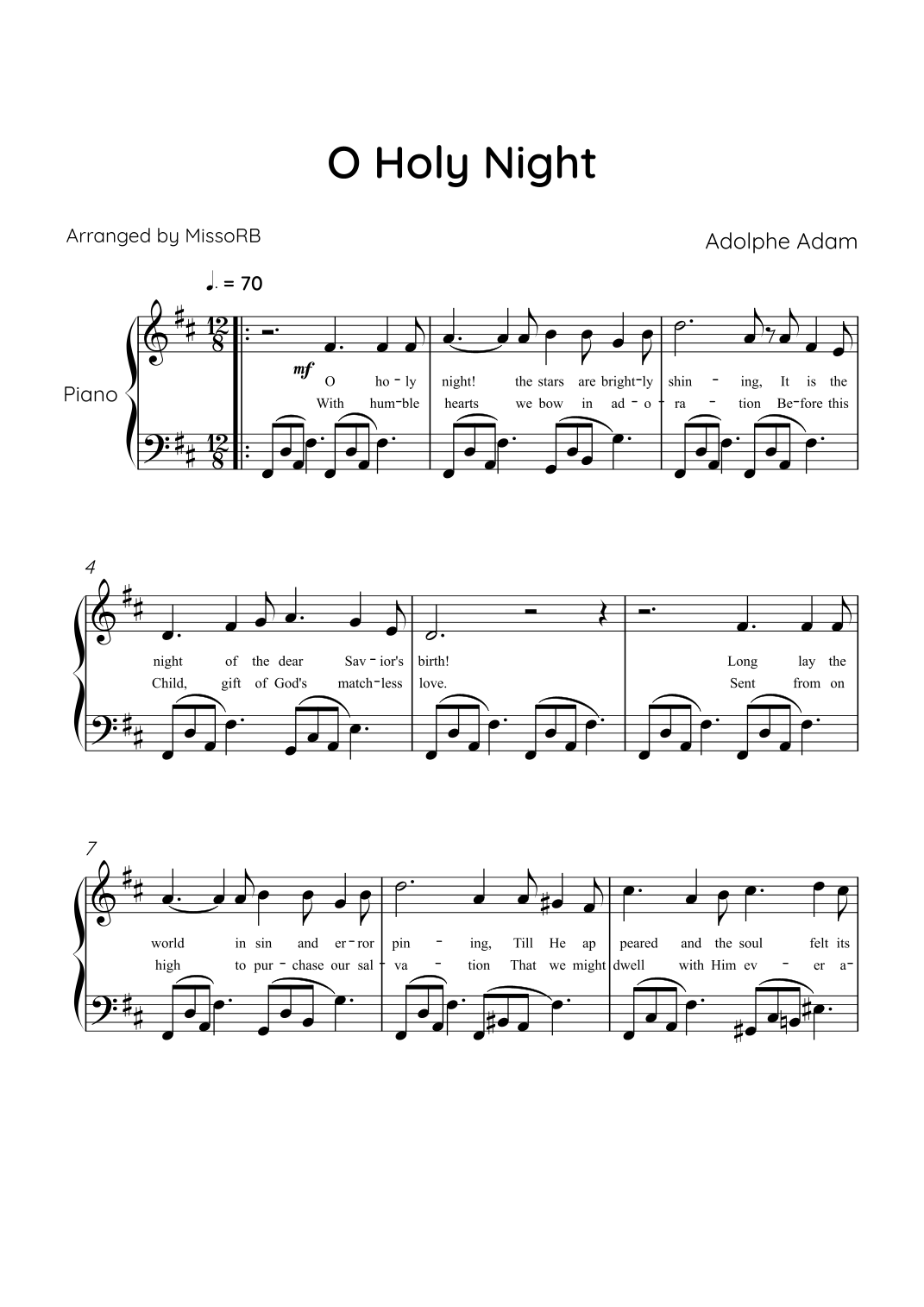 O Holy Night - Piano in D Major With Lyric (arr. MissoRB) by Adolphe ...