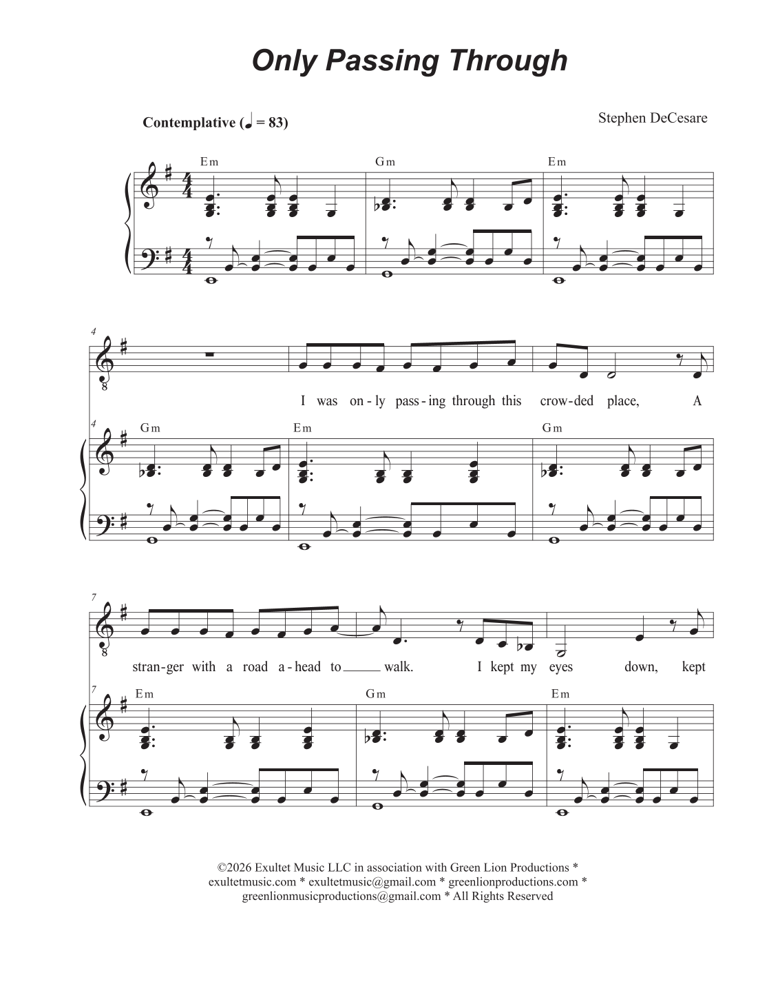 Only Passing Through por Stephen DeCesare Partituras para Piano y Voz ...