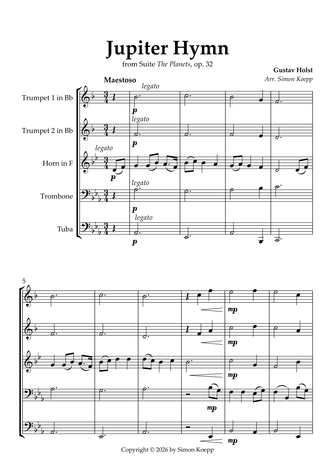 Jupiter Hymn | Brass-Quintet | from Suite "The Planets" op. 32 (arr ...