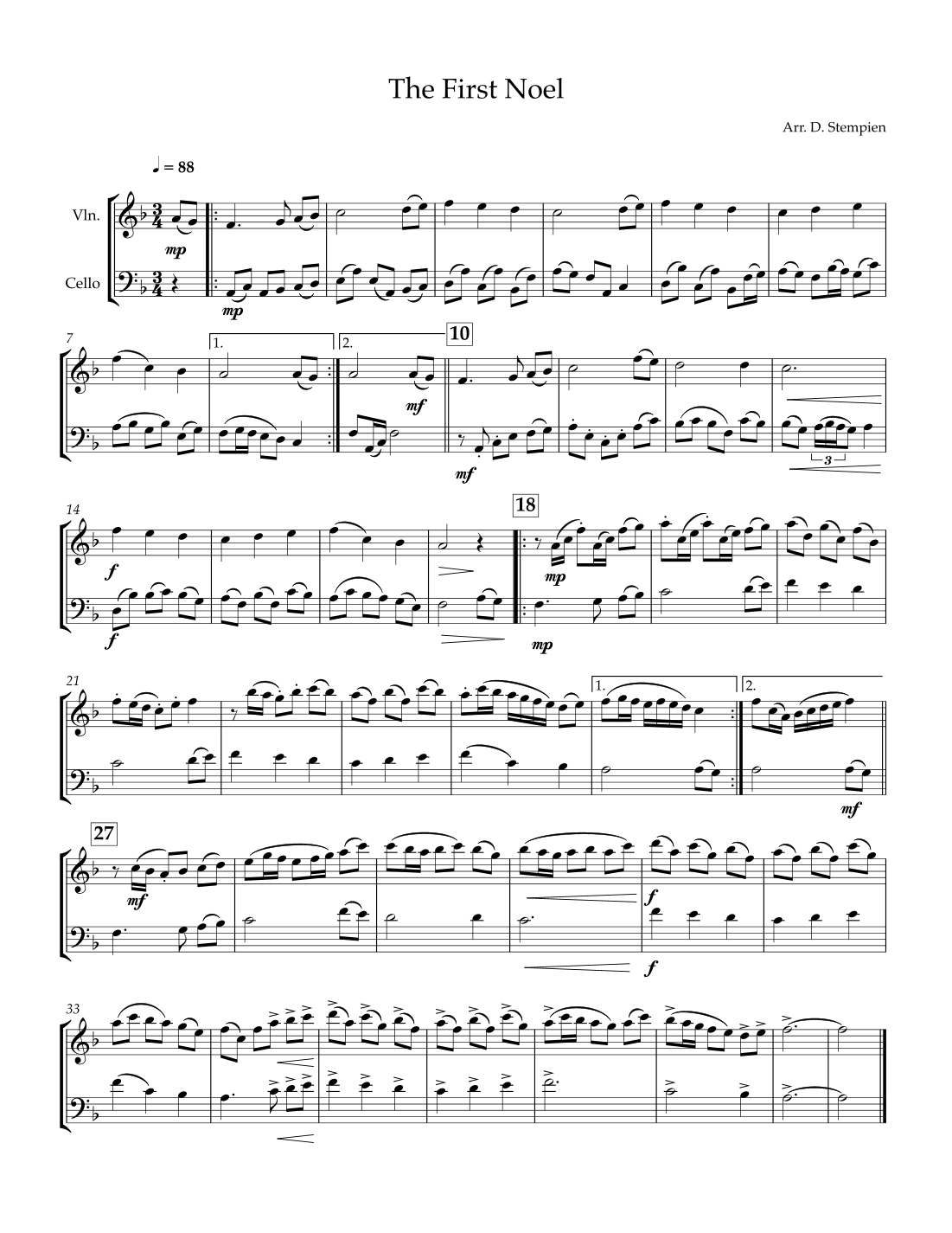 The First Noel for Violin & Cello Duet (Key of F) (arr. Debra E ...