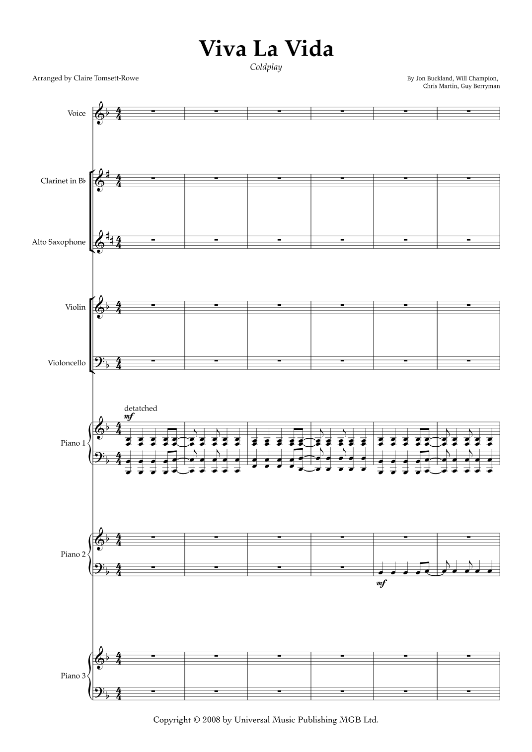 Viva La Vida (arr. Claire Tomsett-Rowe) by Coldplay Sheet Music for ...