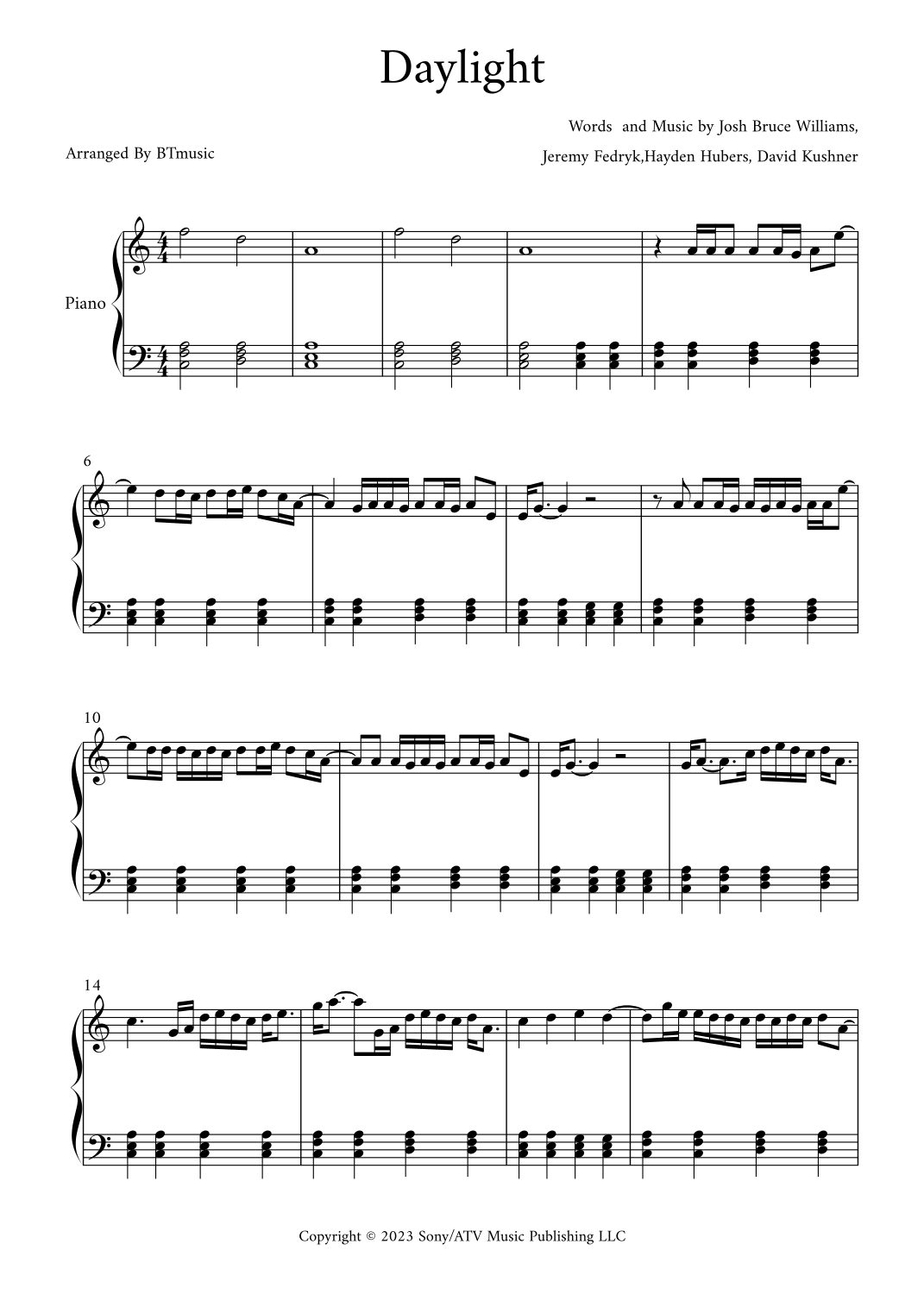Daylight arr BTmusic Partitions David Kushner Piano Solo Daylight arr BTmusic Partitions David Kushner Piano Solo