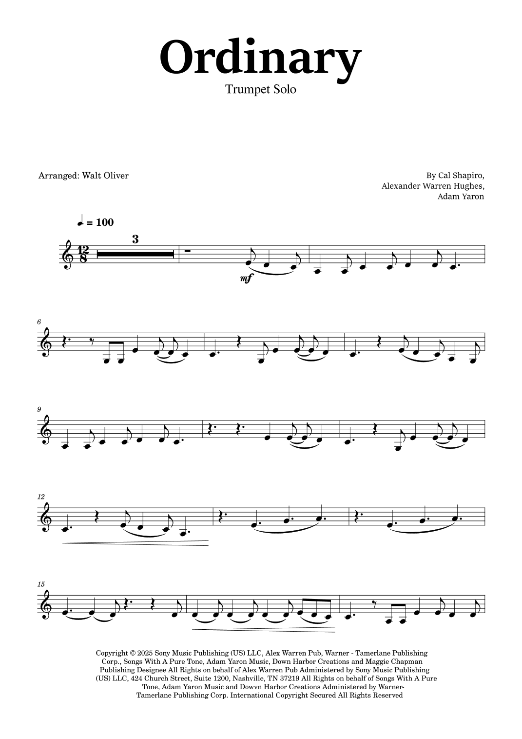 Ordinary (arr. Walt Oliver) por Alex Warren Partituras para Trompeta ...