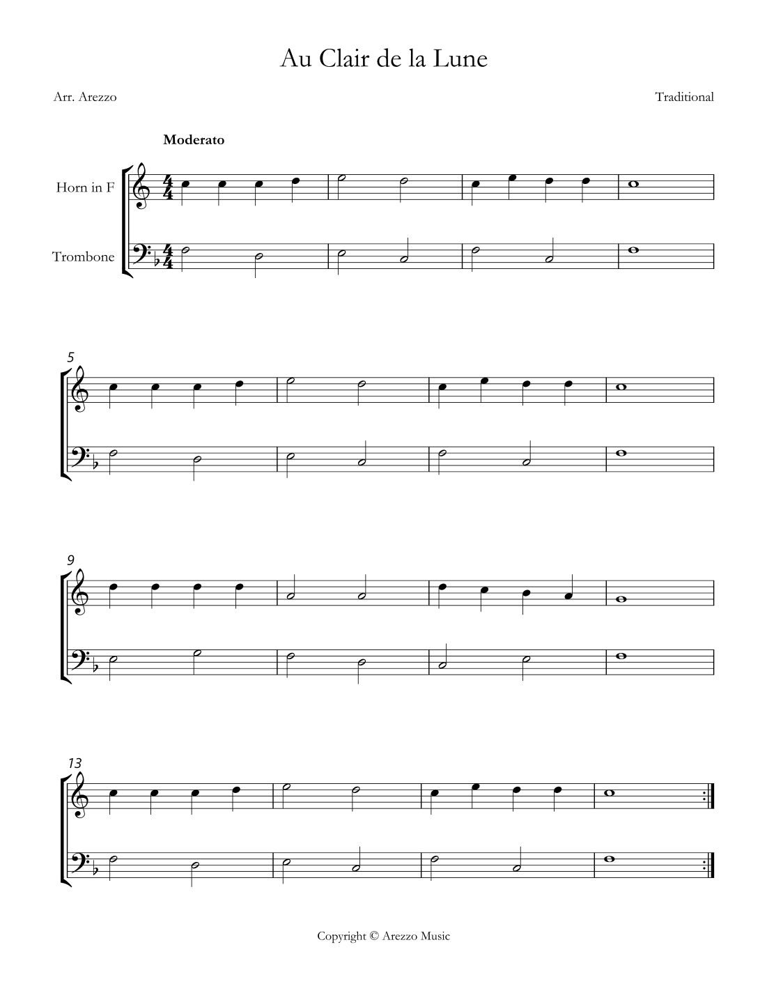 Au Clair de la lune Easy French Horn and Trombone Sheet Music (arr ...