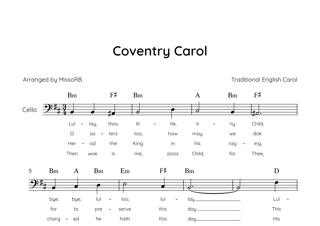 Coventry Carol - Cello in Bm With Chords & Lyric - Easy (arr. MissoRB ...
