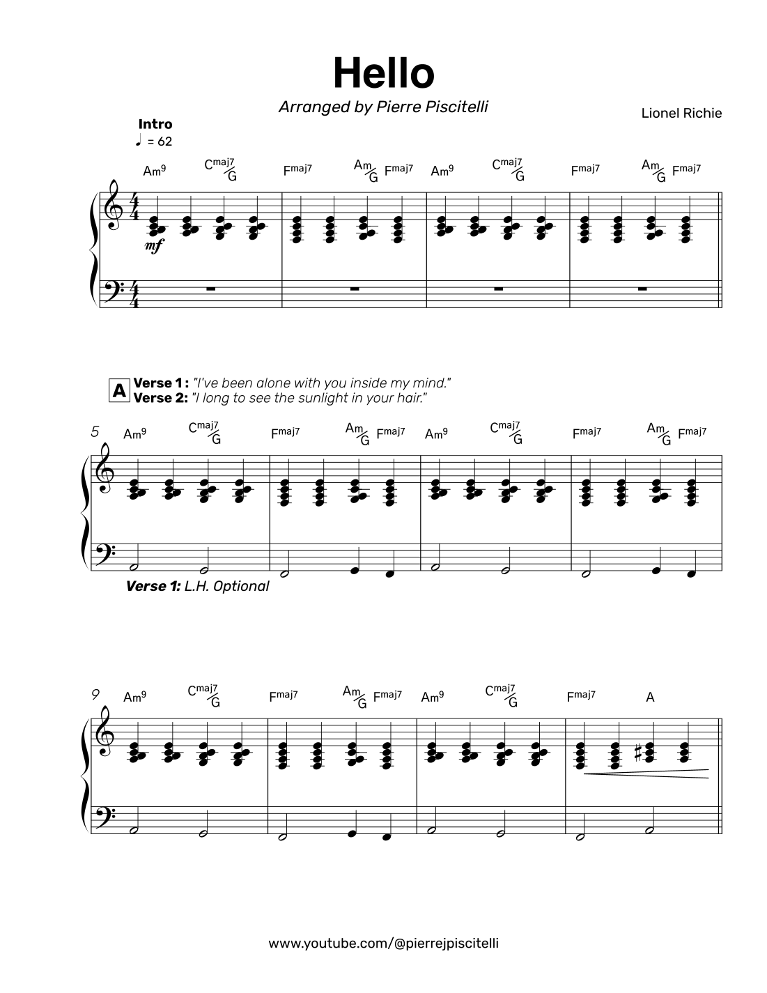 Hello (arr. Pierre Piscitelli) by Lionel Richie Sheet Music for Easy ...