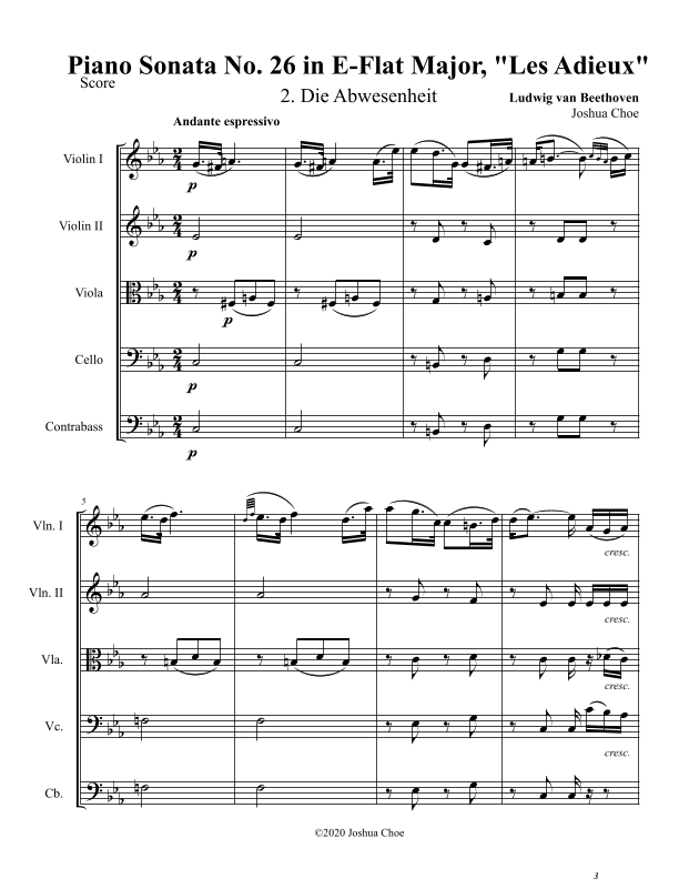 Les Adieux Sonata, Abwesenheit ("The Absence") (arr. Joshua Choe) Noten ...