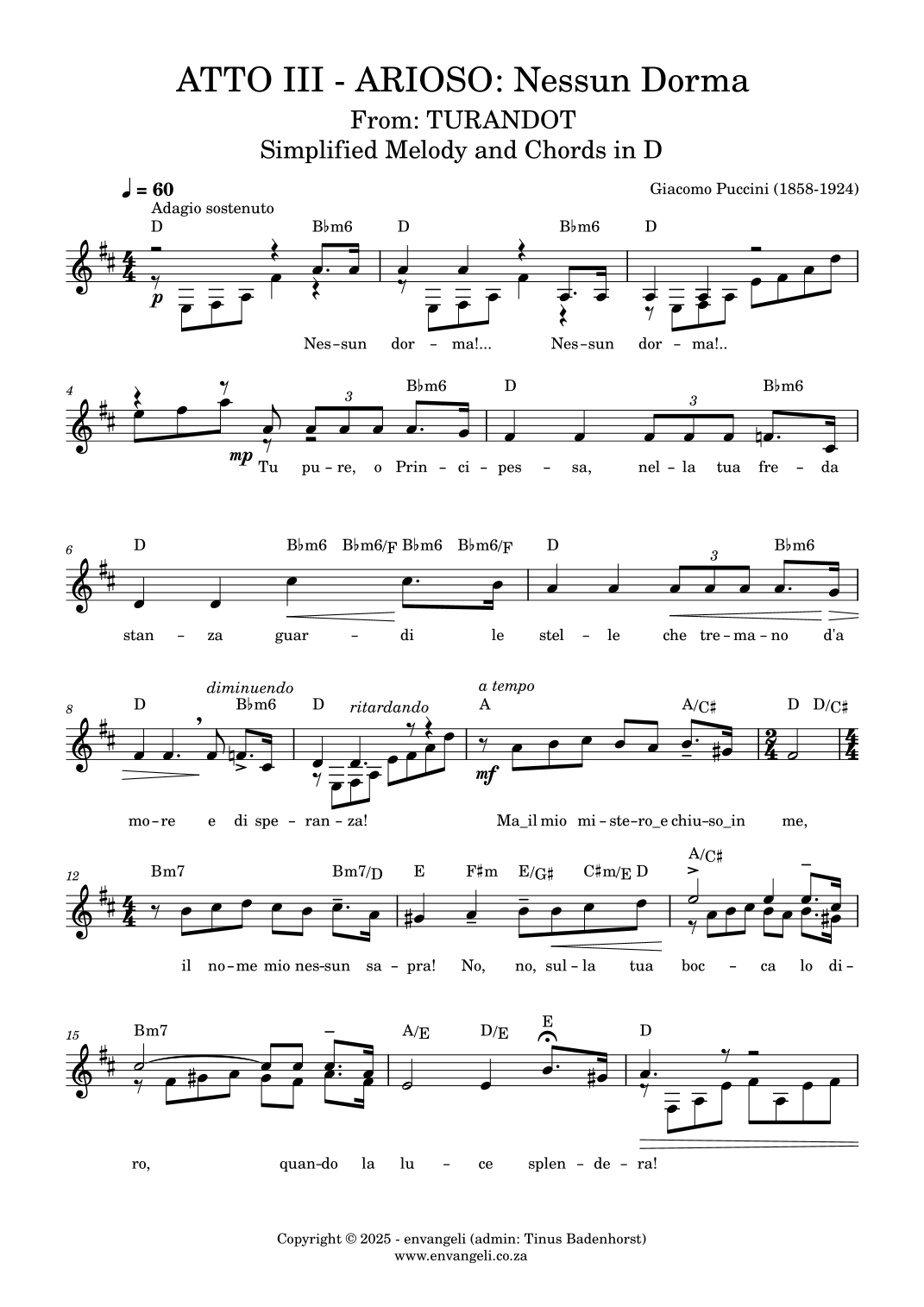 ATTO III - ARIOSO: Nessun Dorma - Simplified Melody and Chords in D ...