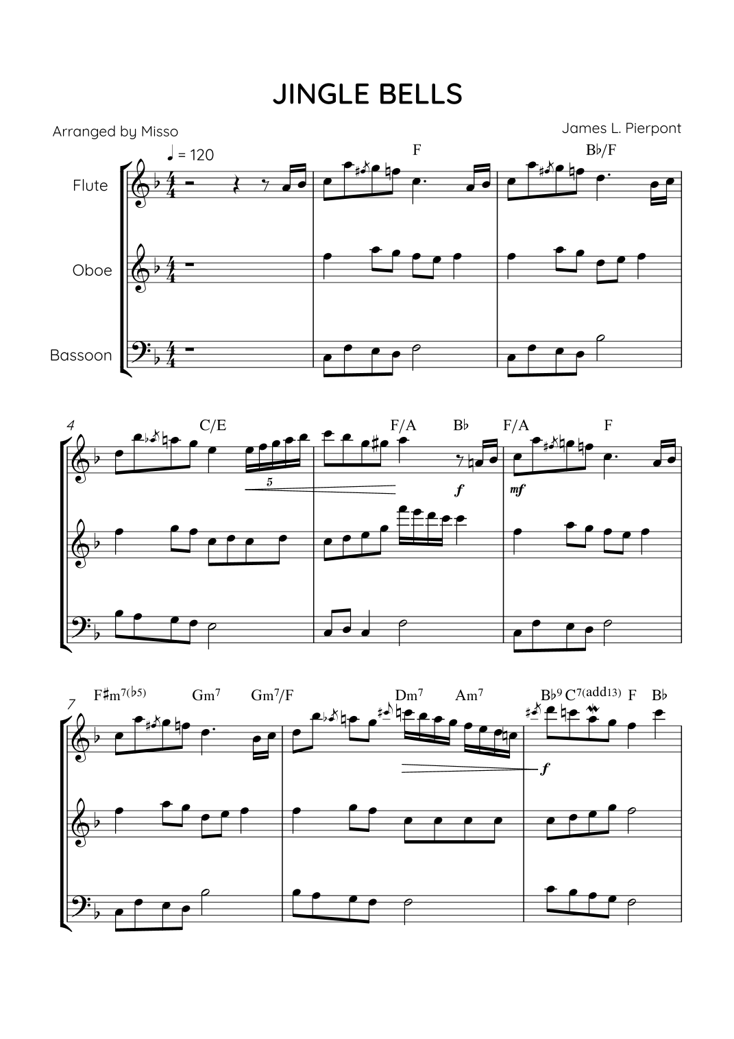Jingle Bells - Flute, Oboe & Bassoon in F Major - Advanced With Chords (arr. MissoRB) par James ...