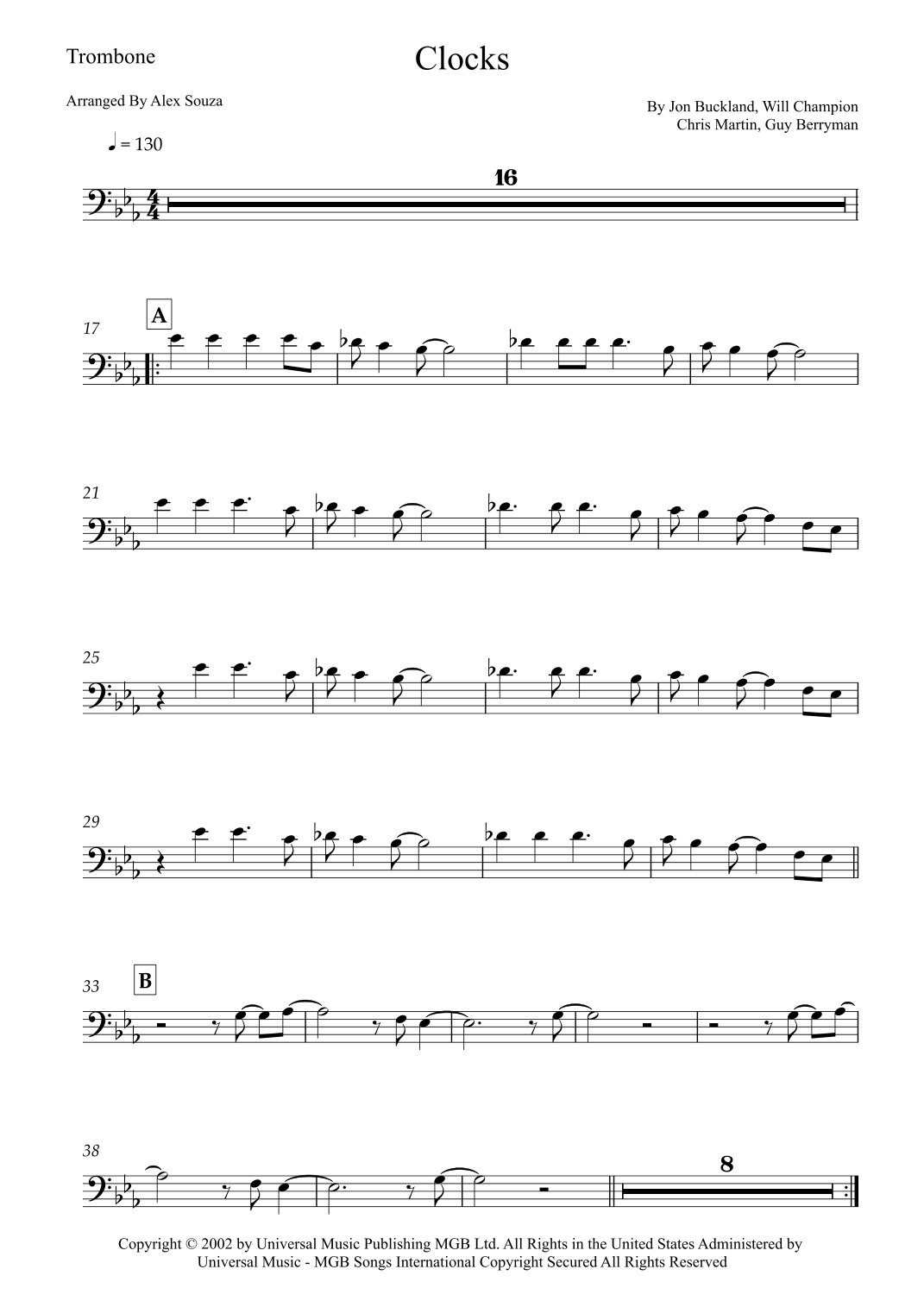 Clocks (arr. Alex Souza) by Coldplay Sheet Music for Trombone Solo at ...