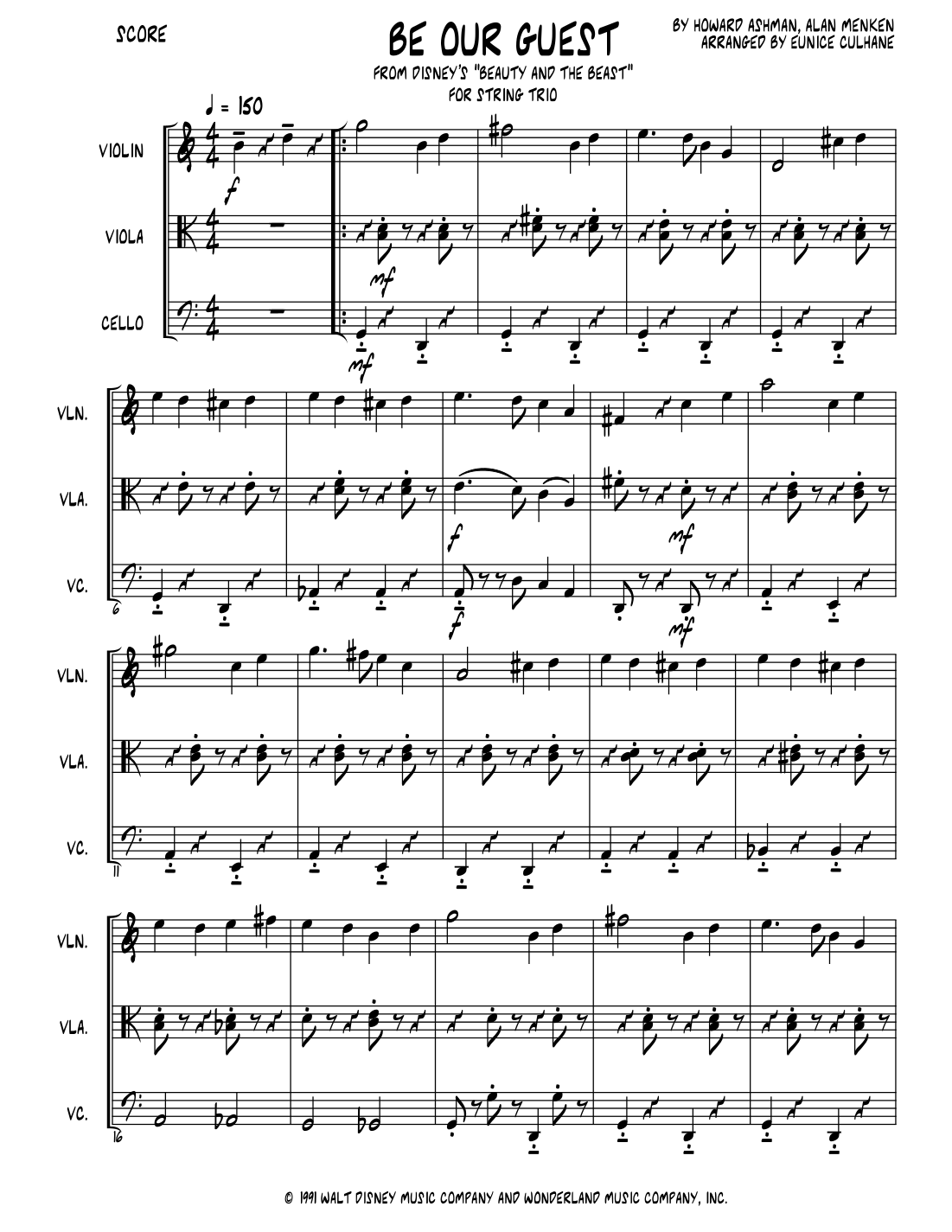 Be Our Guest (arr. Eunice Culhane) von Howard Ashman Noten zum Streichensemble bei Sheet Music ...