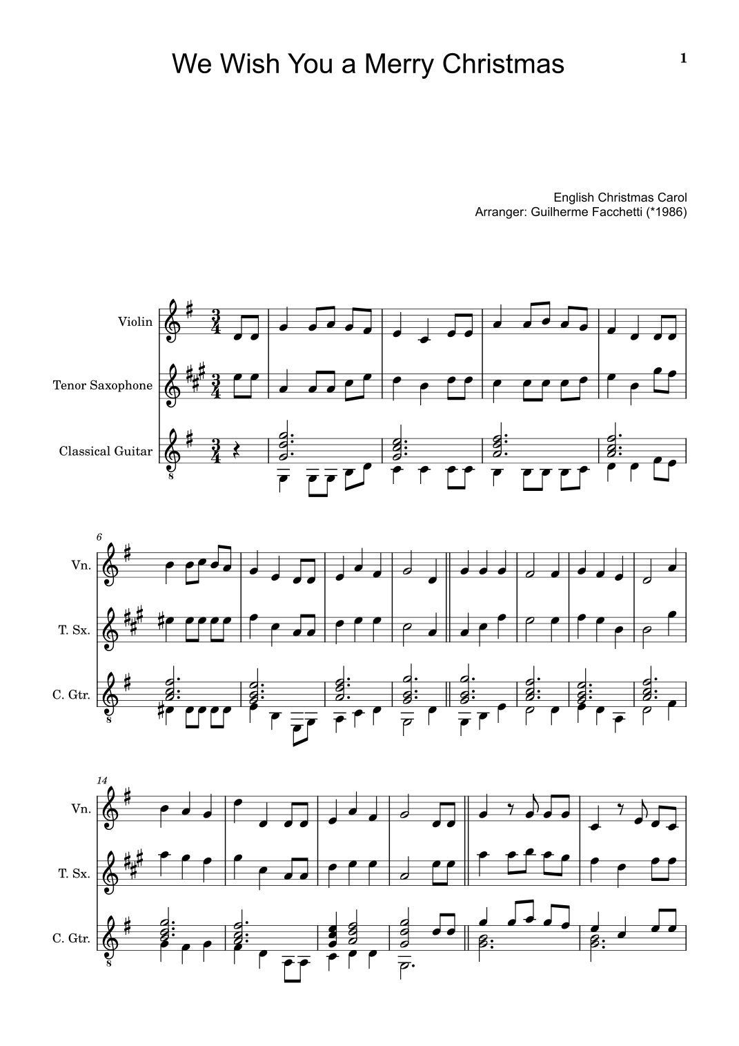 We Wish You a Merry Christmas - For Violin, T. Sax. and Guitar. With ...