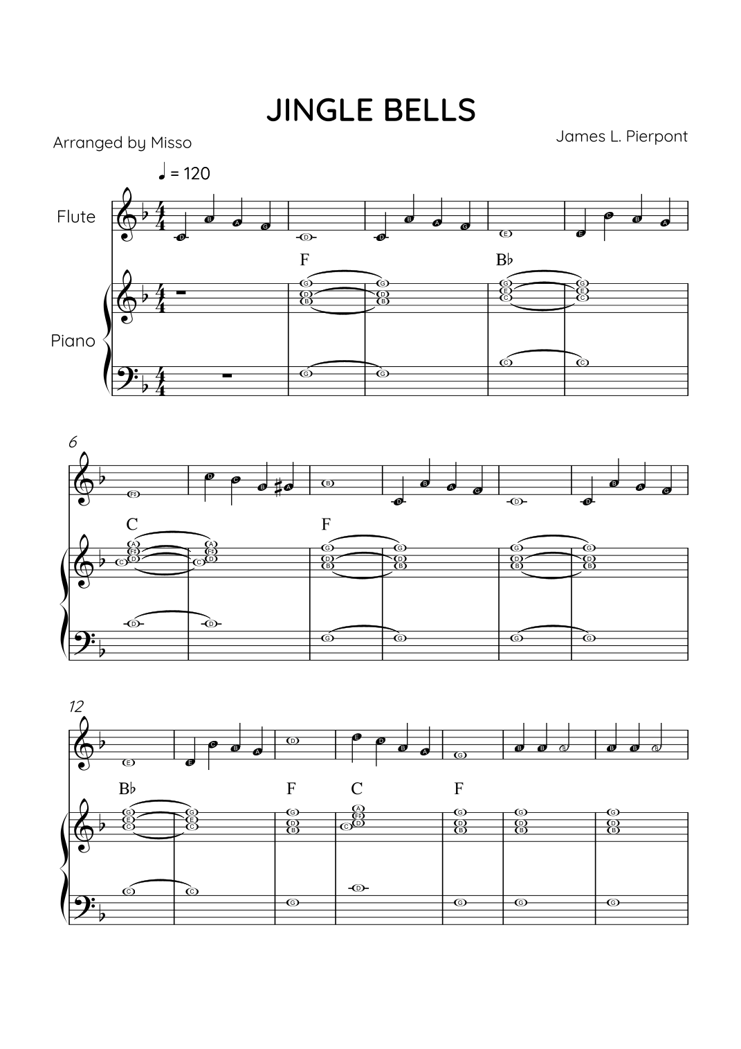 Jingle Bells - Flute & Piano in F Major - Beginner With Chords & Letter ...