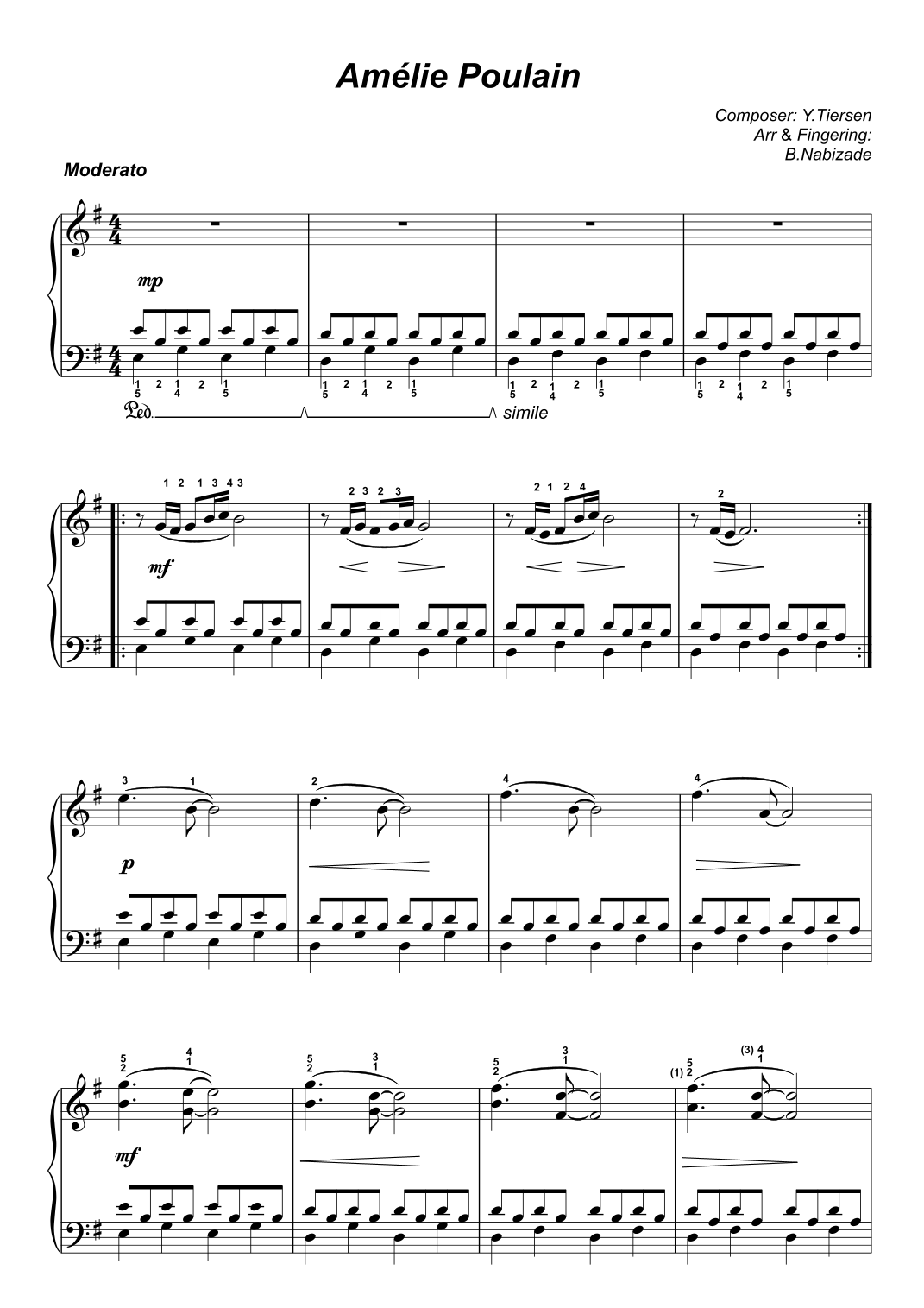 Amélie Poulain (arr. behrang nabizadeh) by Yann Tiersen Sheet Music for ...