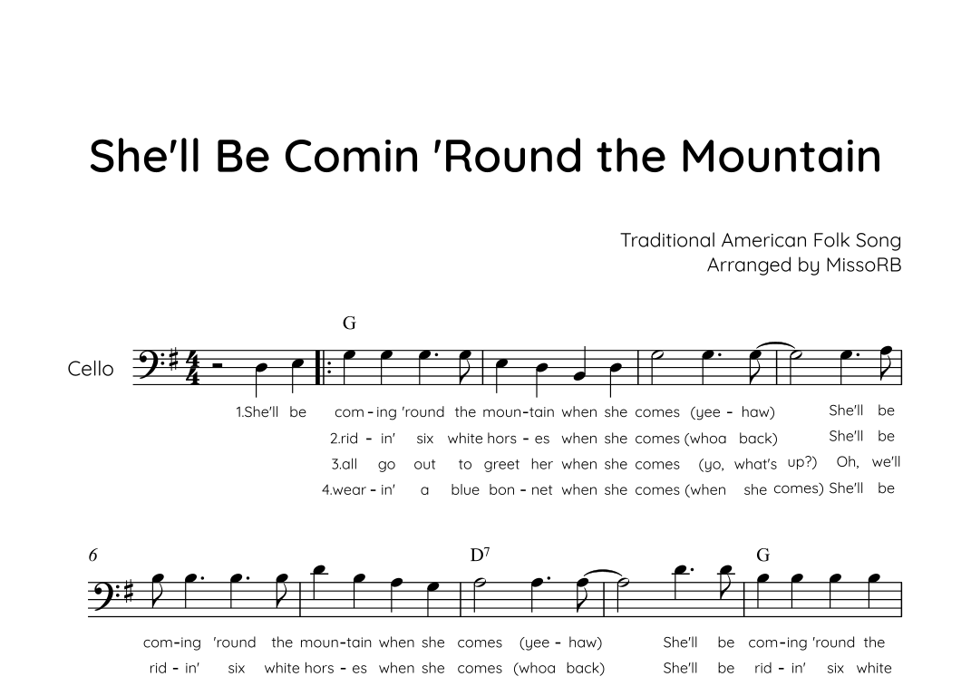 She'll Be Comin''Round the Mountain - Cello in G With Chords & Lyric ...
