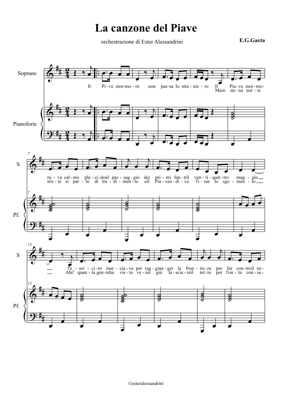 La Canzone del Piave. Voice and piano (arr. Ester Alessandrini) par E.G ...