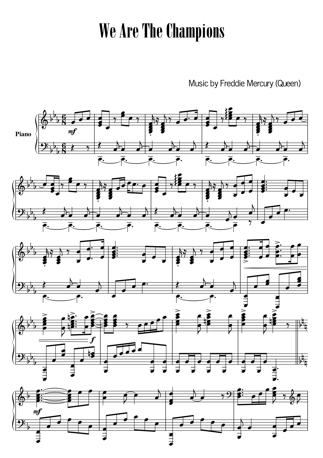 WE ARE THE CHAMPIONS (arr. BNTT-Piano) by Queen Sheet Music for Piano ...