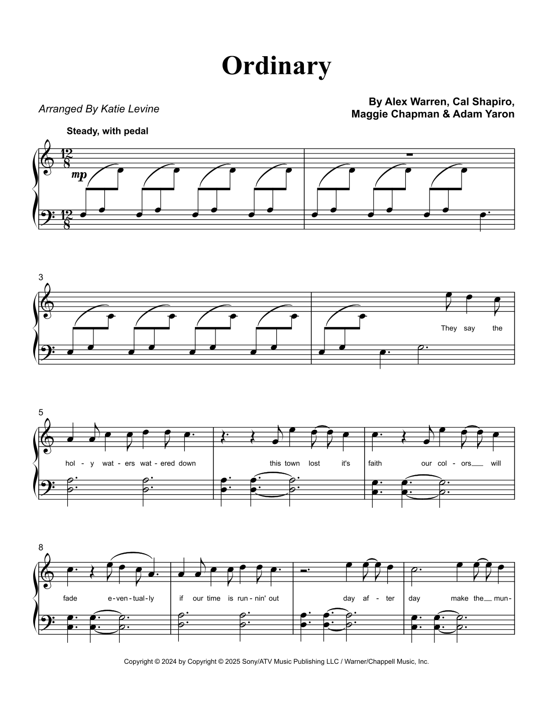 Ordinary (arr. Katie Levine) by Alex Warren Sheet Music for Easy Piano ...