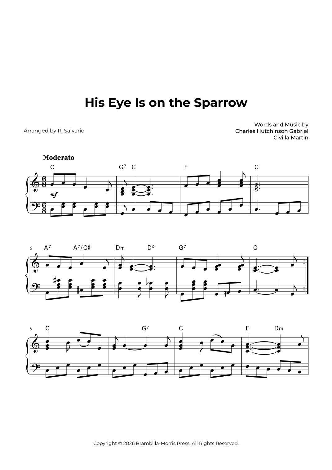 His Eye Is on the Sparrow - Piano Solo (arr. R. Salvario) von Charles H ...