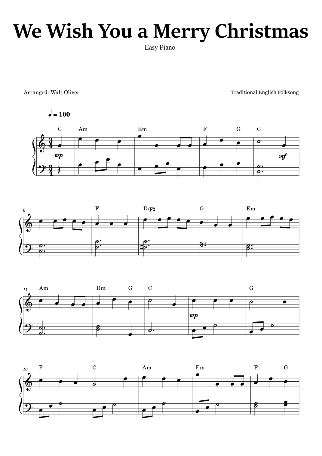 We Wish you a Merry Christmas - Easy Piano - C major (with chords) (arr ...