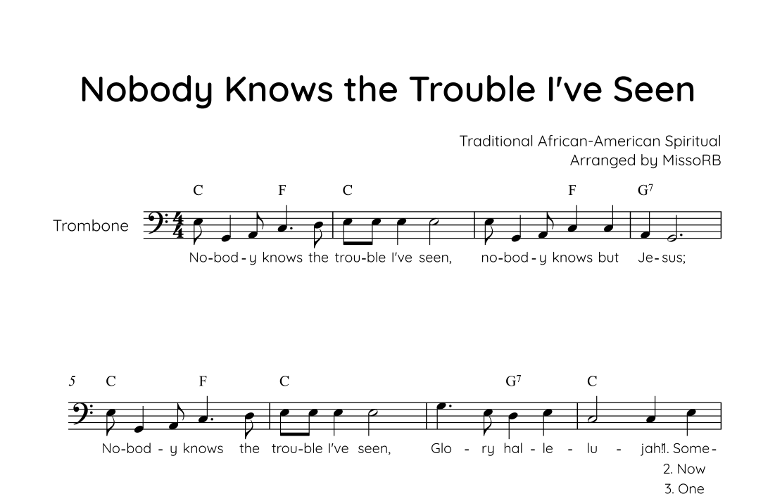 Nobody Knows the Trouble I've Seen - Trombone in C With Chords & Lyric ...