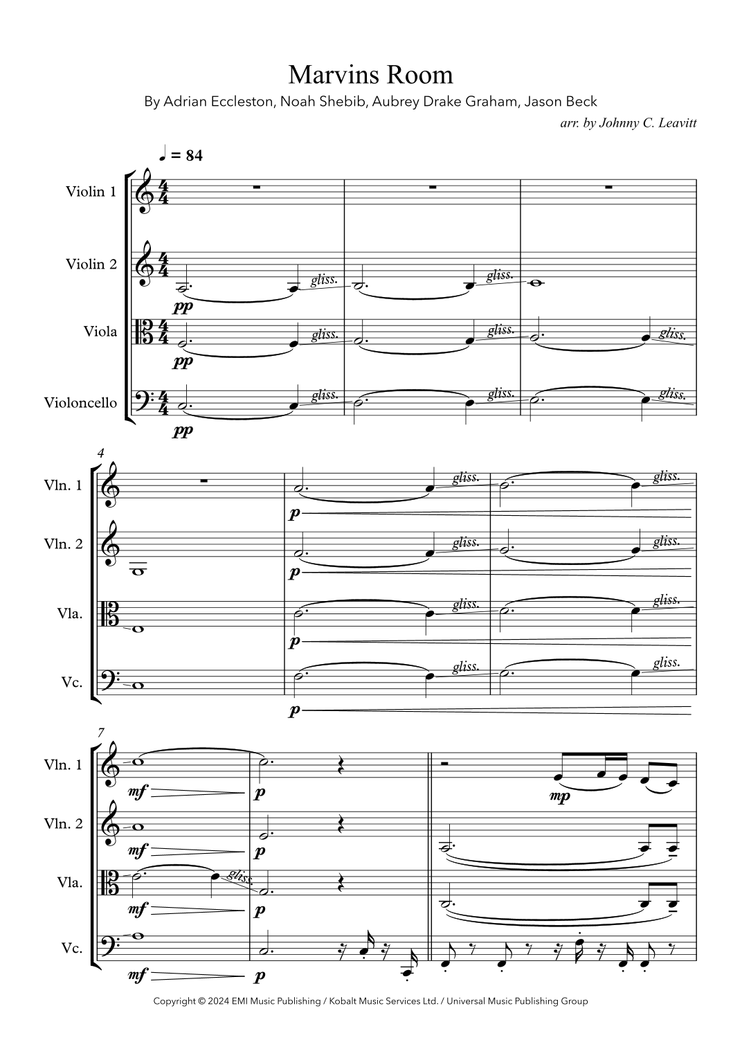 Marvin's Room (arr. Johnny C. Leavitt) by Drake Sheet Music for String ...