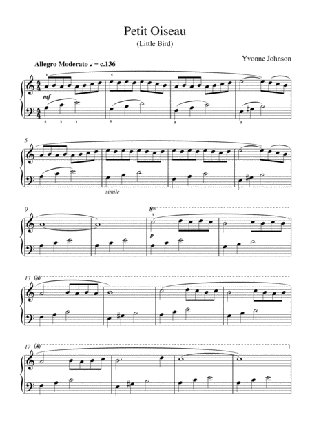 Petit Oiseau (Little Bird) Partituras | Yvonne Johnson | Piano Fácil
