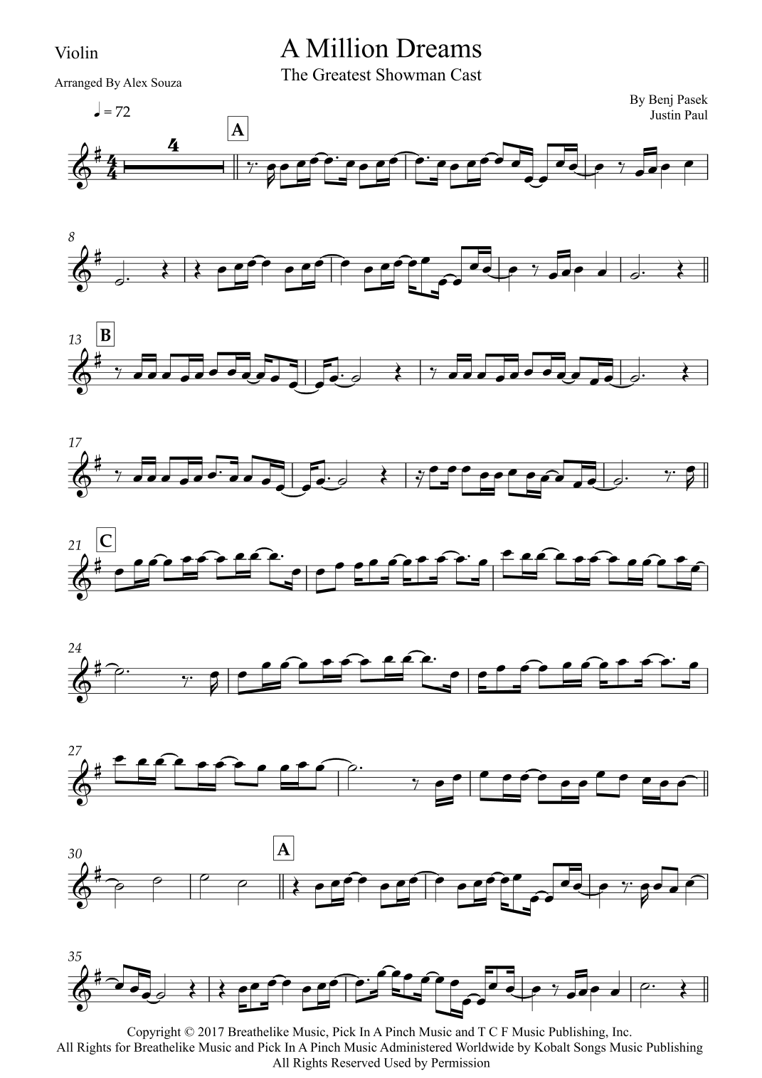 A Million Dreams (arr. Alex Souza) by Pink Sheet Music for Violin Solo ...