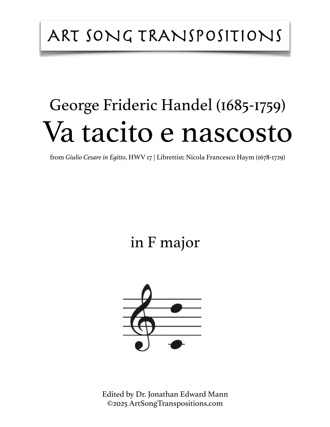 HANDEL: Va tacito e nascosto (transposed to F major) (arr ...