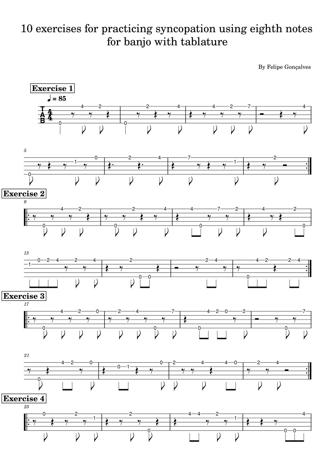 10 exercises for syncopation using eighth notes for banjo with ...