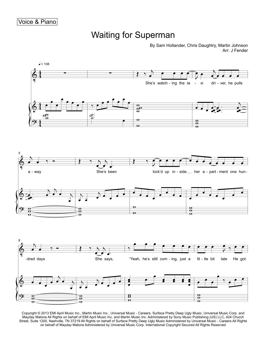 Waiting For Superman (arr. Jerremy Fender) by Daughtry Sheet Music for ...
