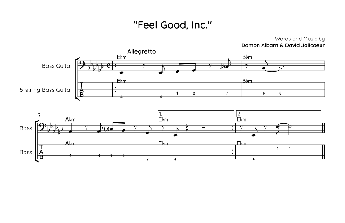 Feel Good Inc. (arr. D.J. Henson) by Gorillaz Sheet Music for Bass ...