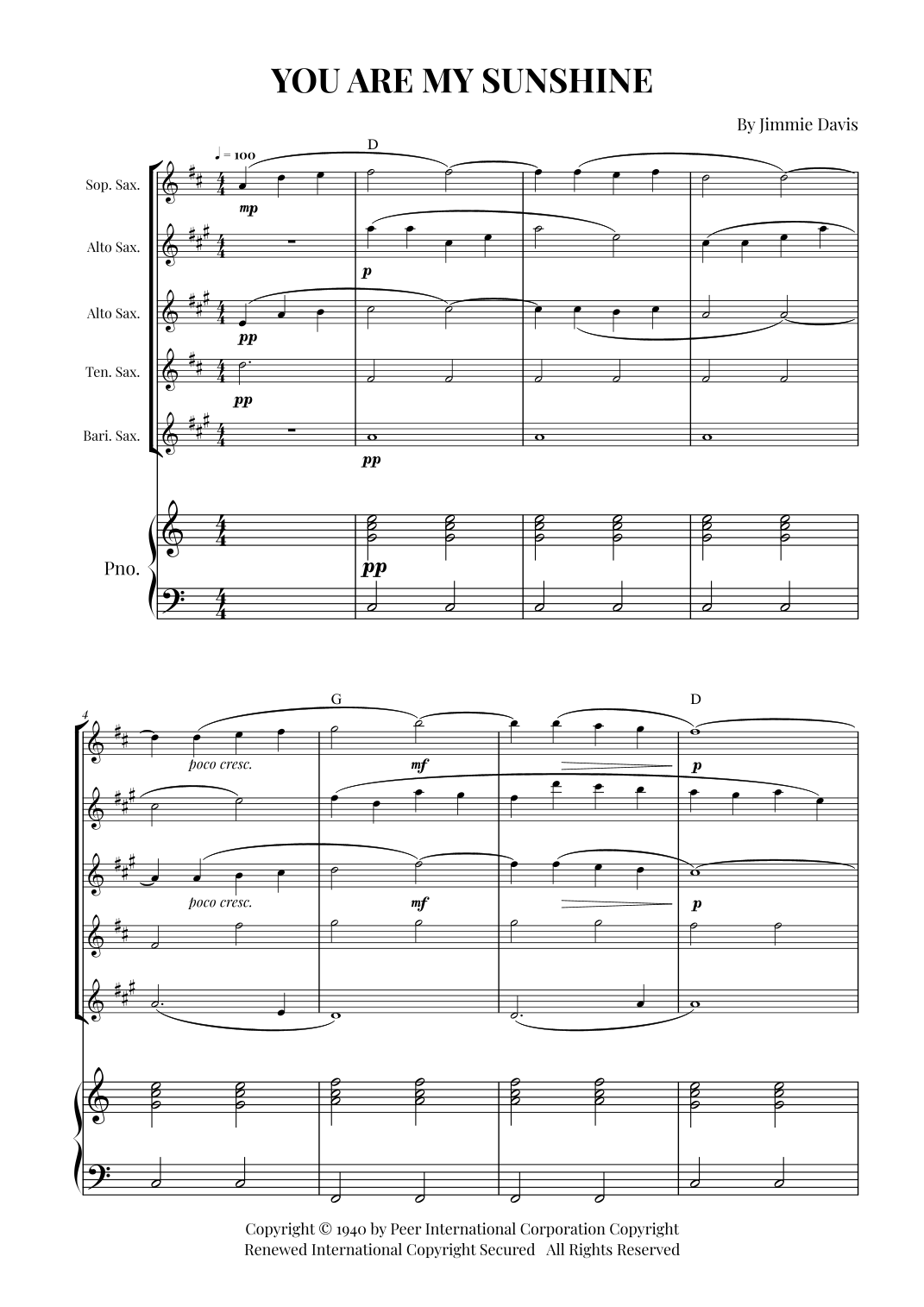 You Are My Sunshine (arr. Leonardo Mioto Rebouças) by Duane Eddy Sheet ...