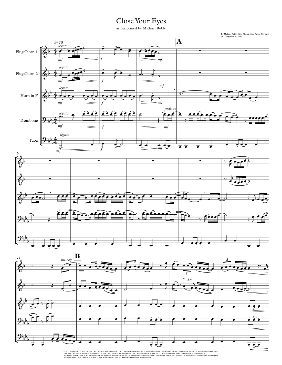 Close Your Eyes (arr. Craig Mason) by Michael Buble Sheet Music for Brass Ensemble at Sheet ...